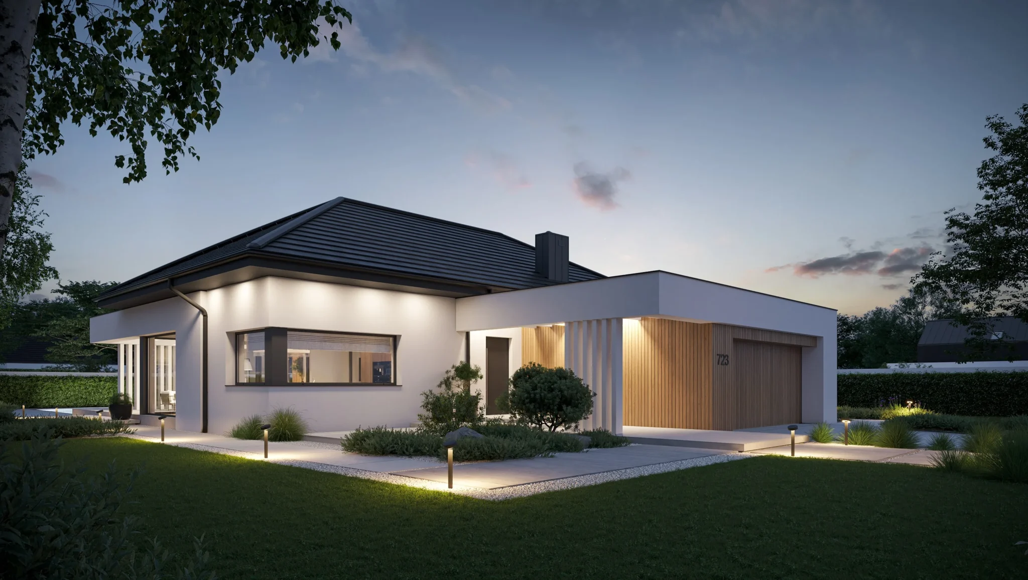 Projekt domu parterowego z 3 sypialniami, dużym salonem, garażem na 2 ...